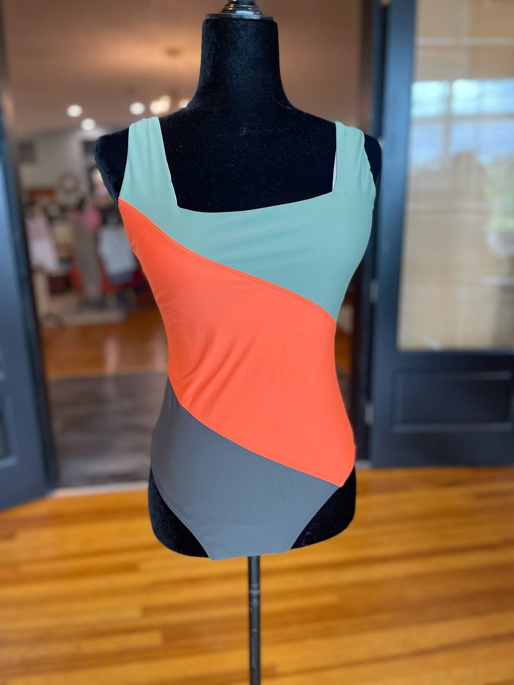 COLOR BLOCK ONE PIECE SWIMSUIT TEAL/CORAL/GREY – Willapa Printing Boutique