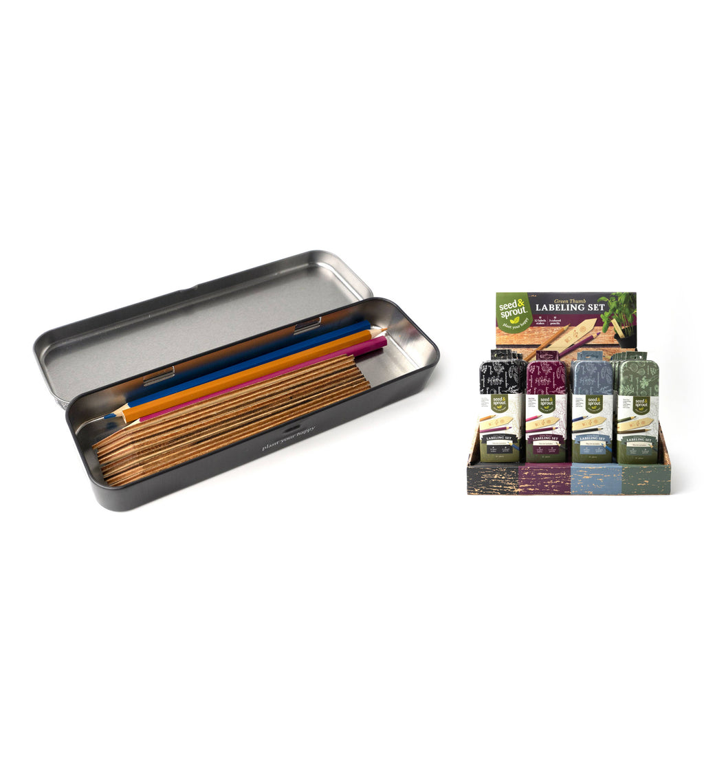 SEED AND SPROUT GARDENING LABEL SET IN TIN - STAKES & PENICILS ...